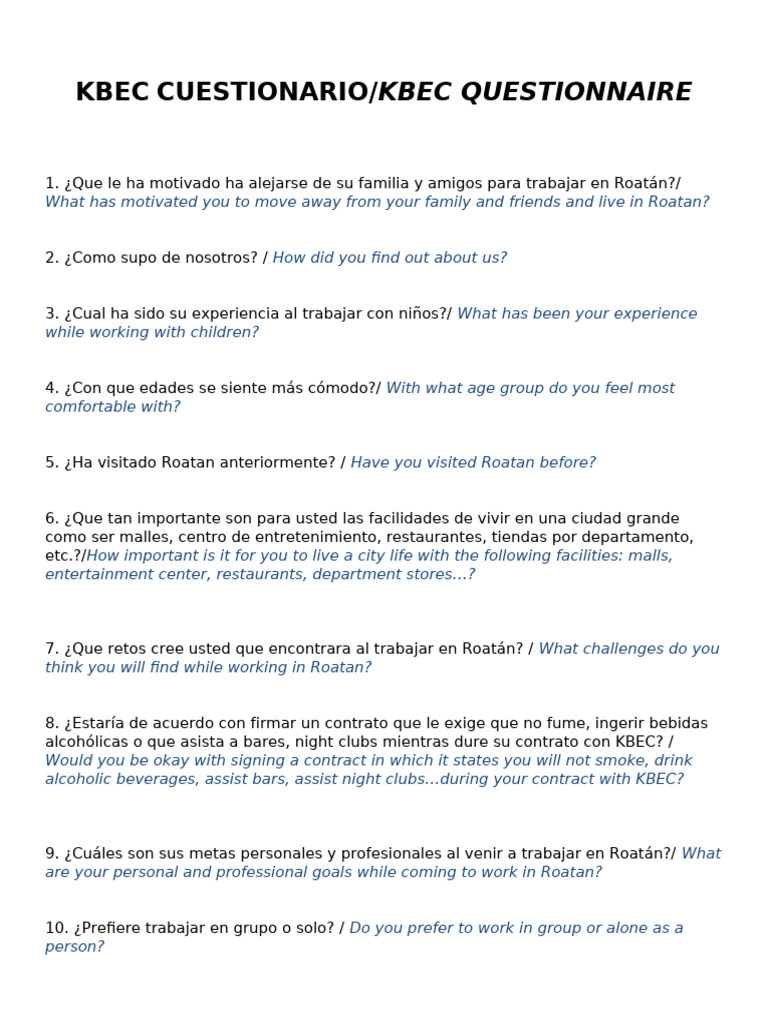 KBEC application questionnaire | PDF