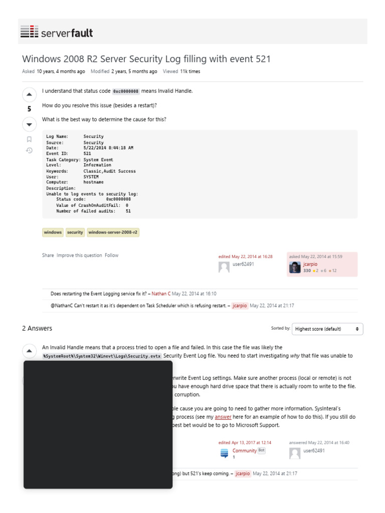 Windows 2008 R2 Server Security Log Filling With Event 521 - Server Fault | PDF