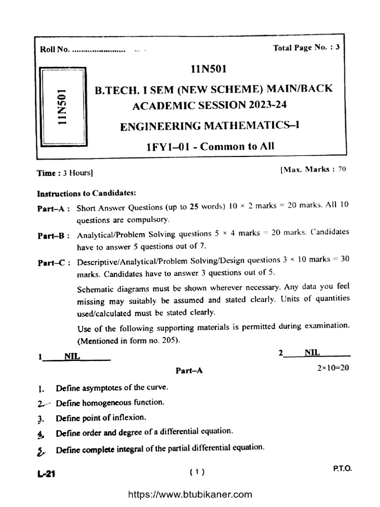 Btech 1 Sem Engineering Mathematics 1 11n501 2024 | PDF