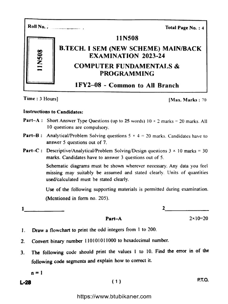 Btech 1 Sem Computer Fundamentals and Programming 11n508 2024 | PDF