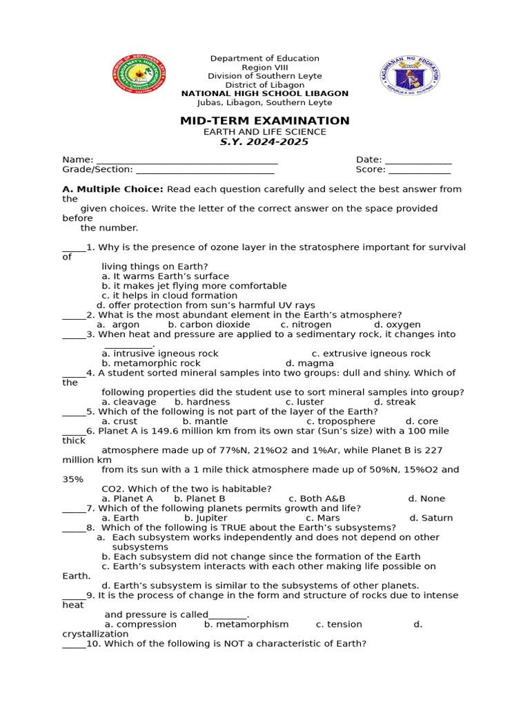Mid-Term Exam in SHS G11 | PDF