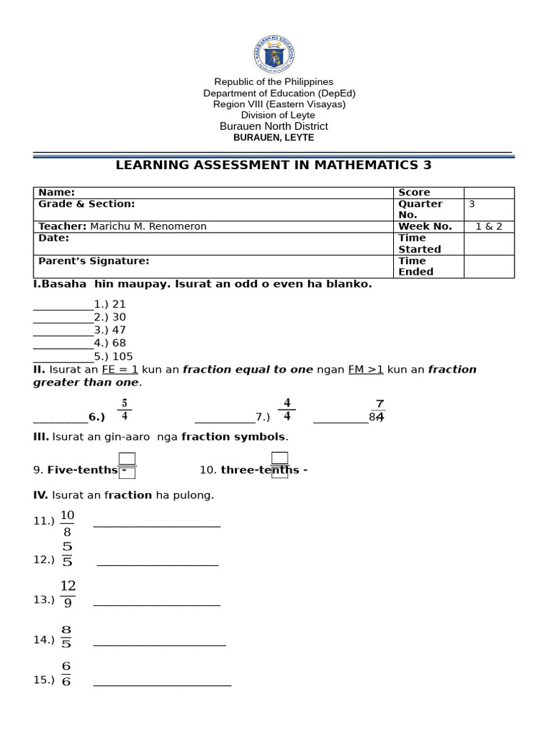 Q3 Math 3 Assessment Week 1 and 2 | PDF