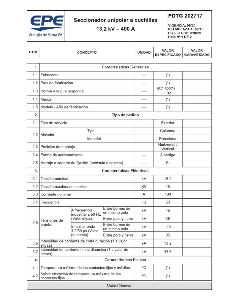 SECCIONADOR UNIPOLAR A CUCHILLAS 13.2kV-400A | PDF | Electromagnetismo | Tecnología