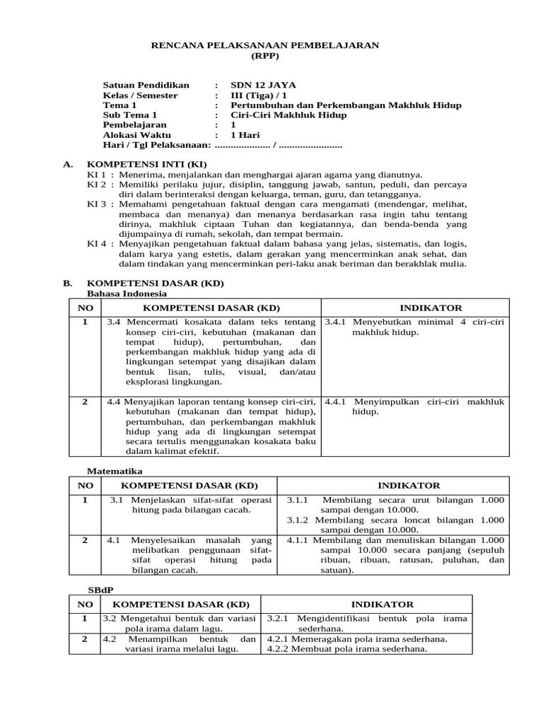 RPP Tema 1 KLS 3 | PDF