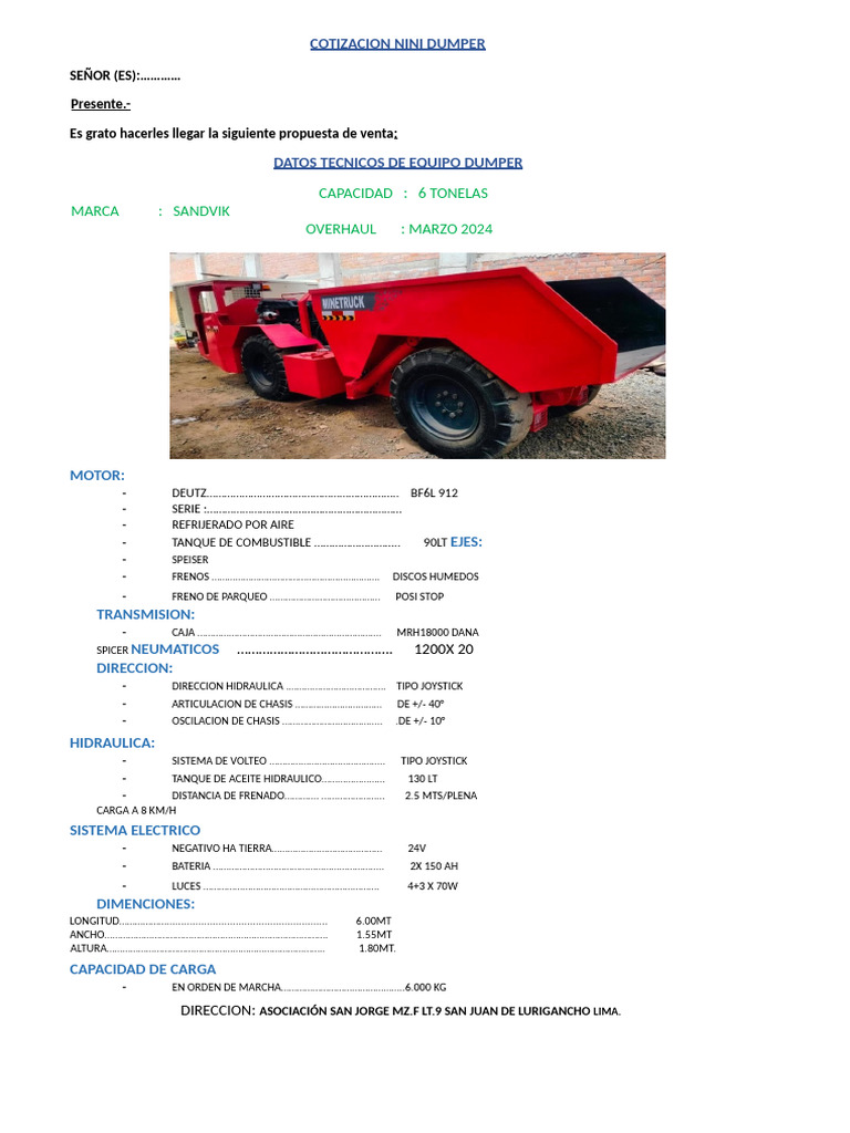 COTIZACION DE EQUIPO MINI DUMPE | PDF