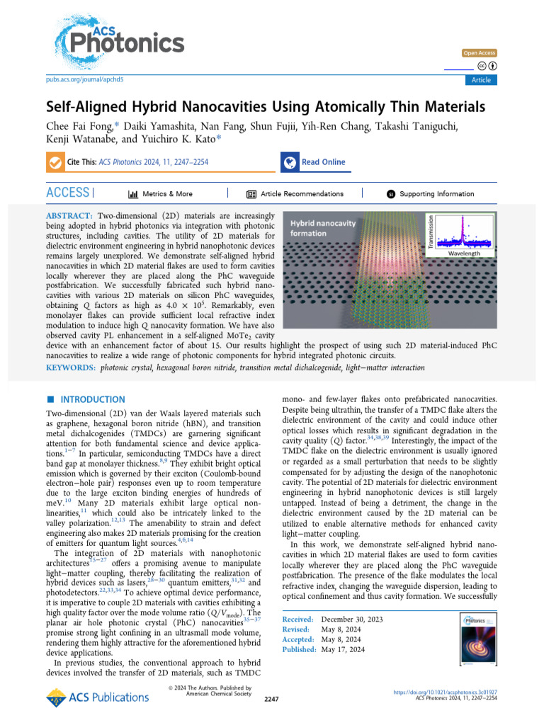Fong Et Al 2024 Self Aligned Hybrid Nanocavities Using Atomically Thin ...