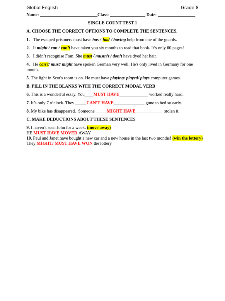 Test On Past Modals | PDF | English Language | Languages