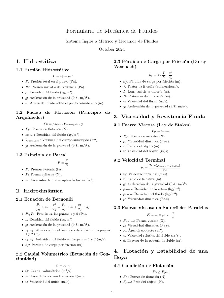 Formulario Fluidos | PDF
