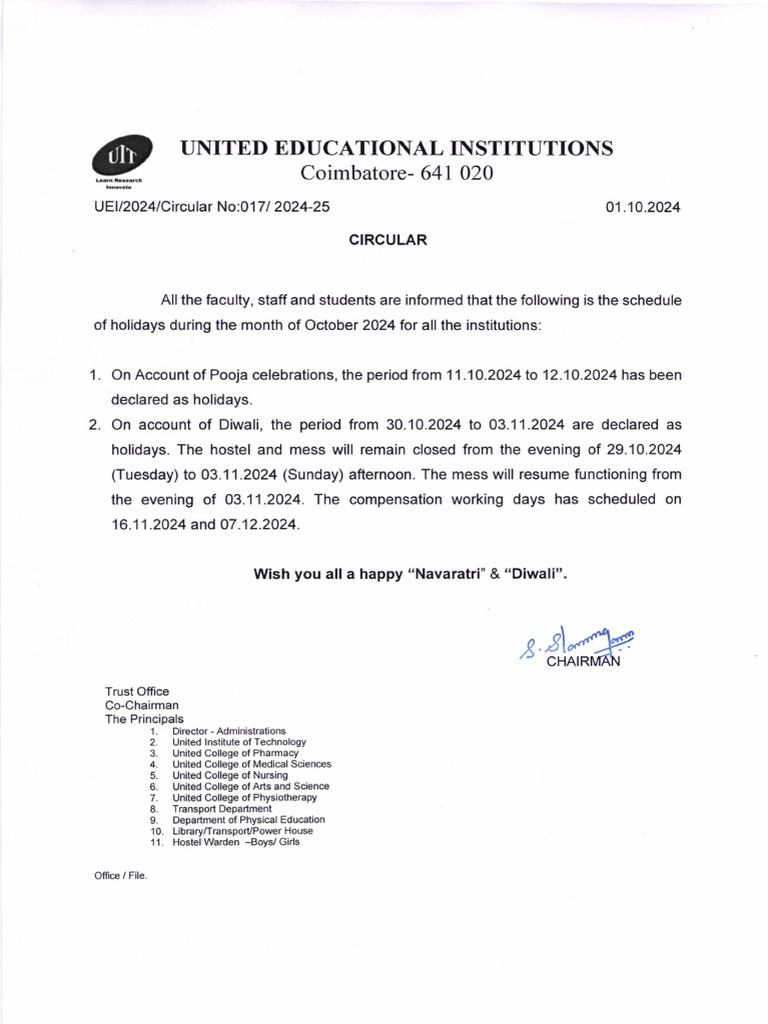 Uei - 016 - Circular - Pooja & Diwali Holidays - 01-10-2024 | PDF