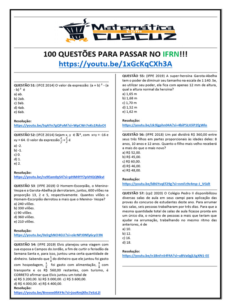 100 QUESTÕES PARA PASSAR NO IFRN - Parte 2 | PDF