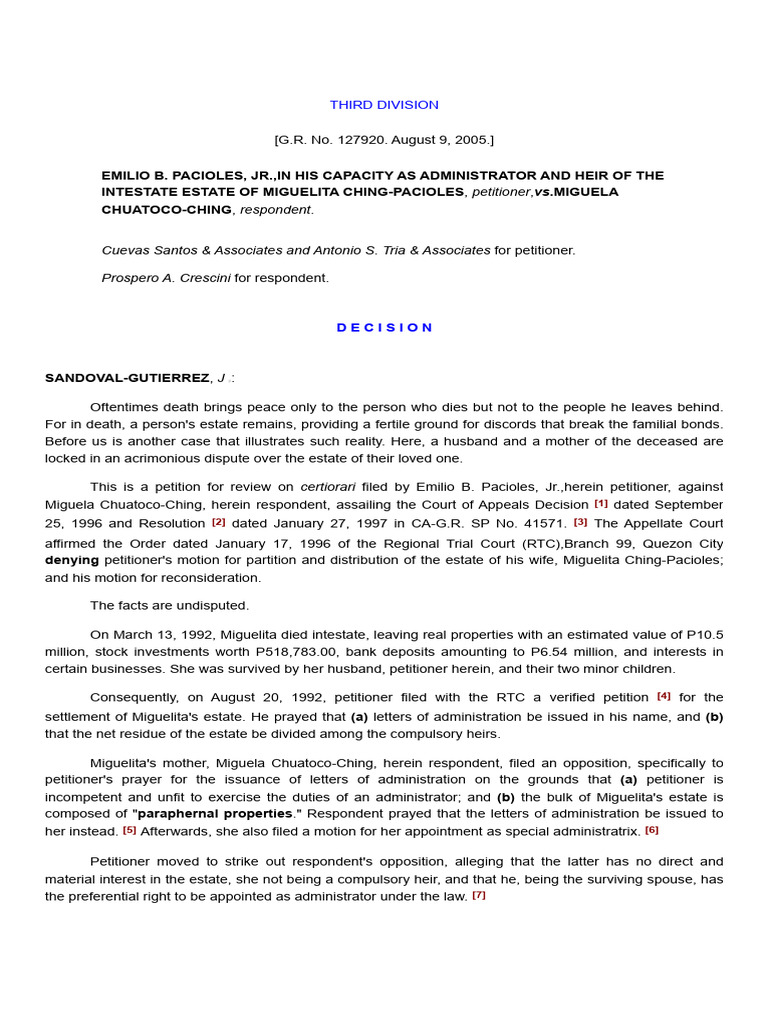 Pacioles JR v. Chuatoco-Ching GR No. 127920 | PDF