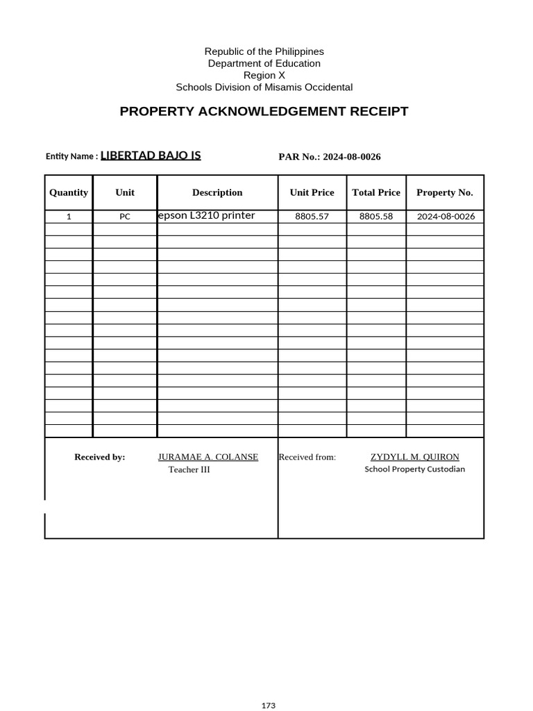 Appendix 71 - Property Acknowledgement Receipt - PAR | PDF