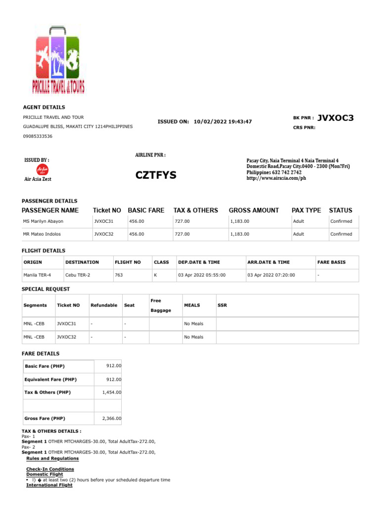Abayon Indolos MNL CEB TICKET | PDF