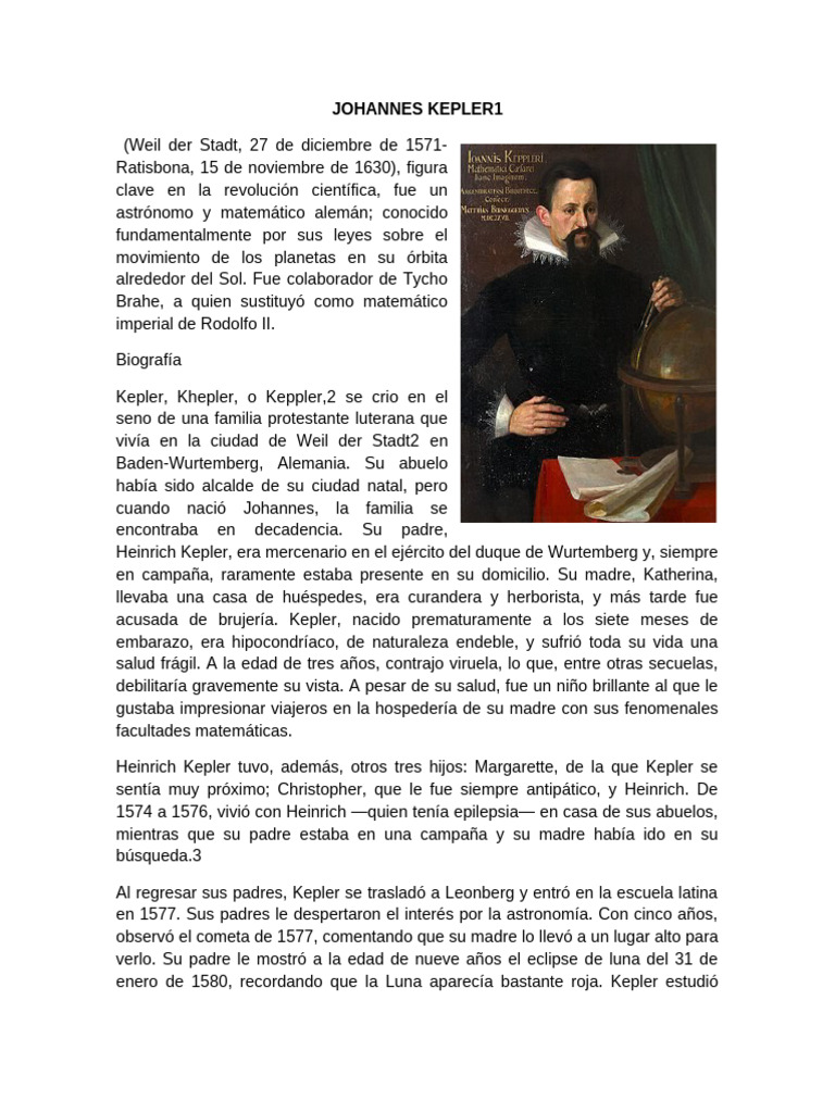 BIOGRAFIA JOHANNES KEPLER Y LEYES DE KEPLER | PDF