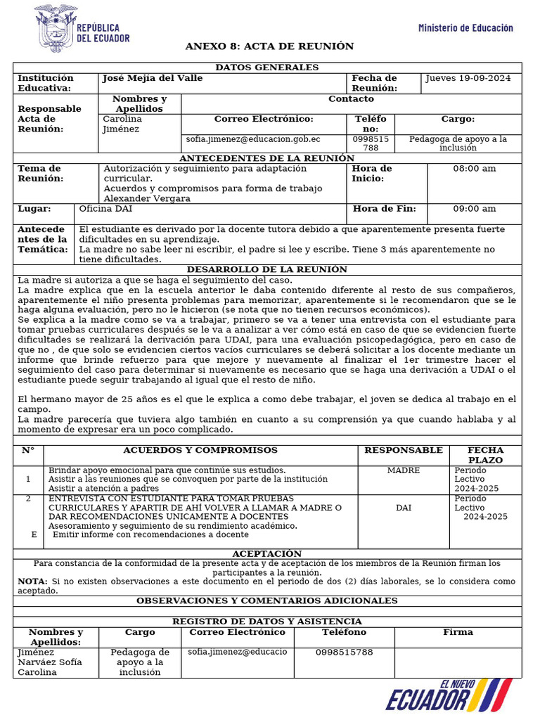 Anexo 8 Acta de Reunion Alexander Vergara 1ero Bgu Imprimir | PDF | Aprendizaje