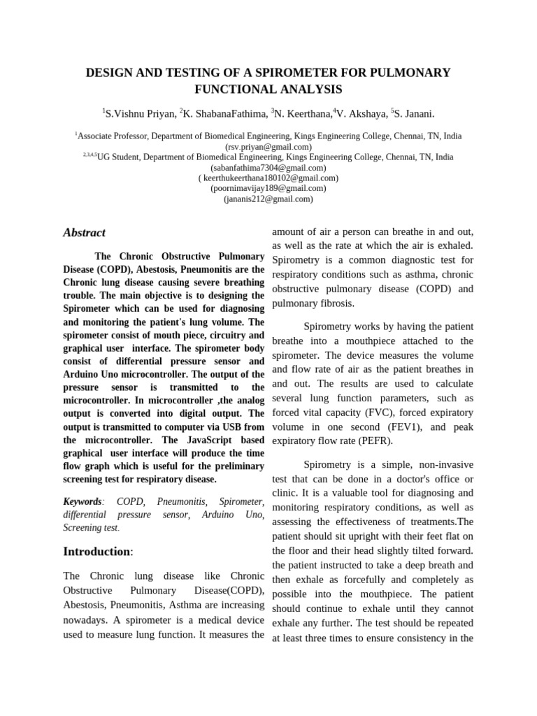 Design and Testing of A Spirometer | PDF