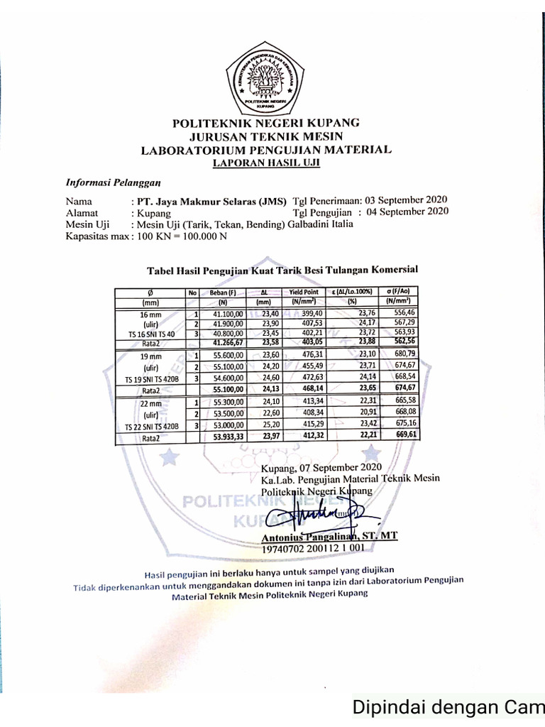 Hasil Uji Tarik Besi D16, D19 & D22 | PDF