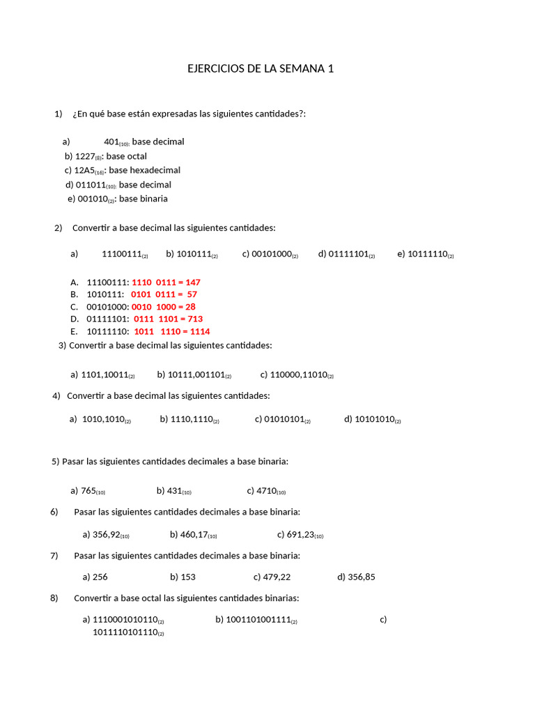 Ejercicios de Numeración Semana 1 CIRCUITOS LOGICO | PDF