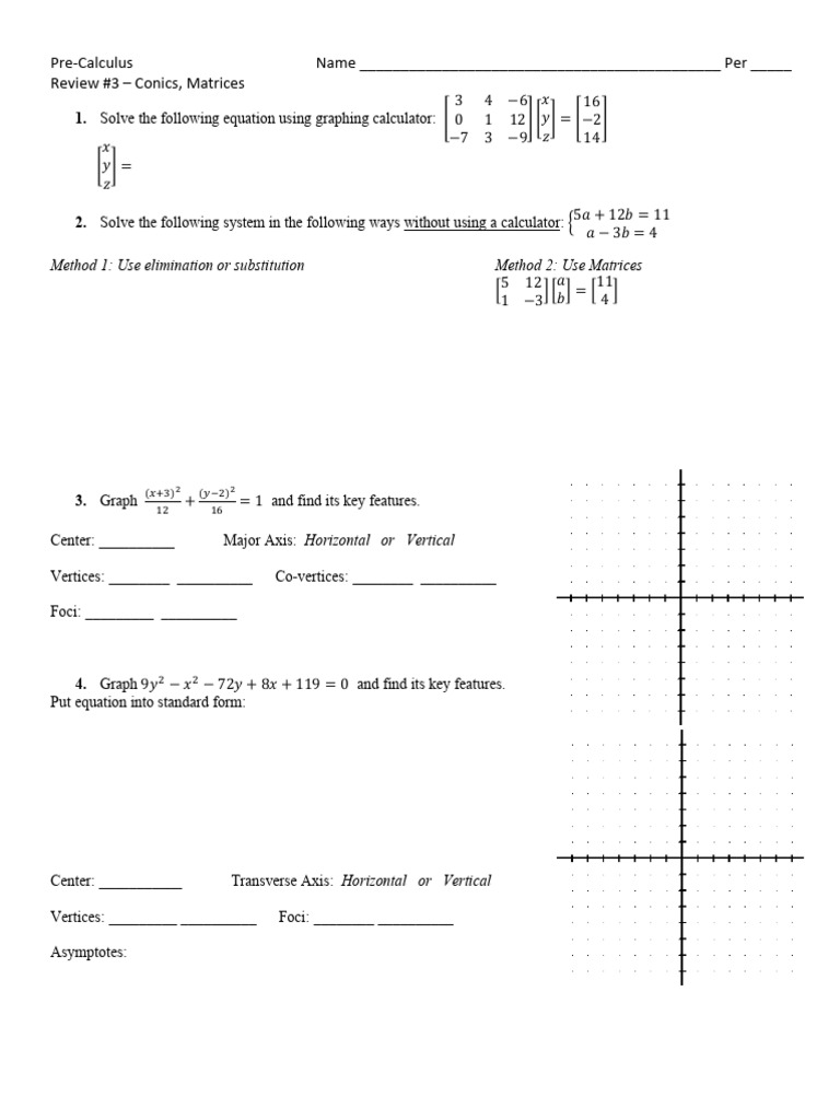 PreCalculus - Mixed Review (Conics, Matrices) Day 3 | PDF