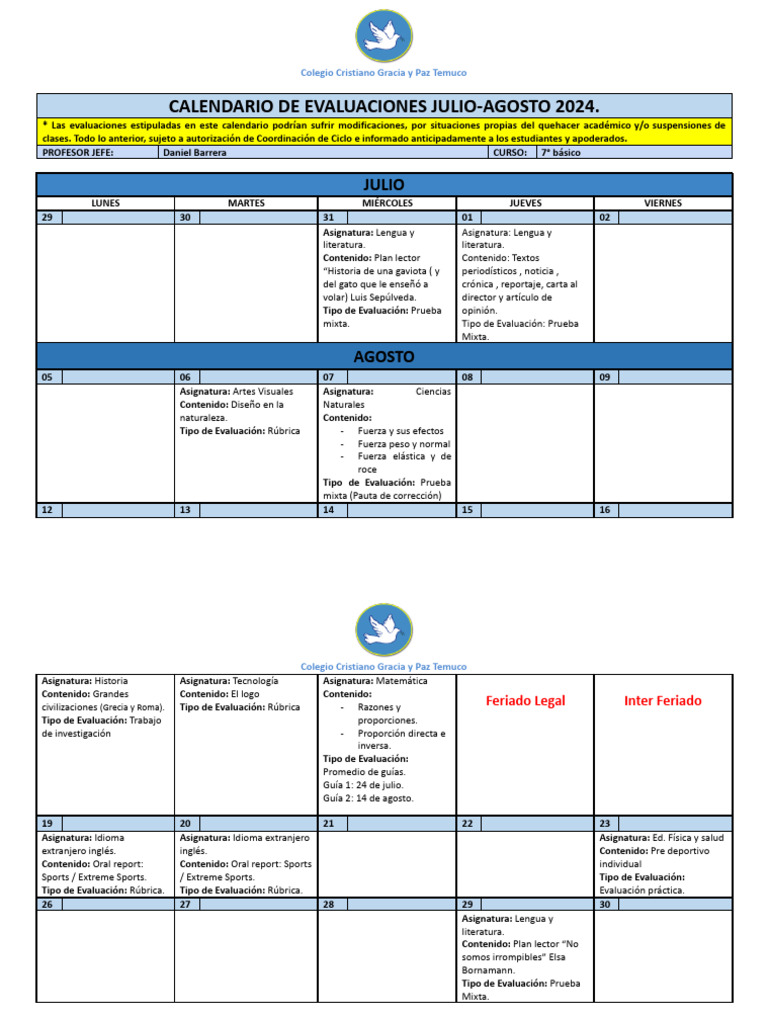 7° Básico - CALENDARIO DE EVALUACIONES JULIO-AGOSTO 2024 | PDF