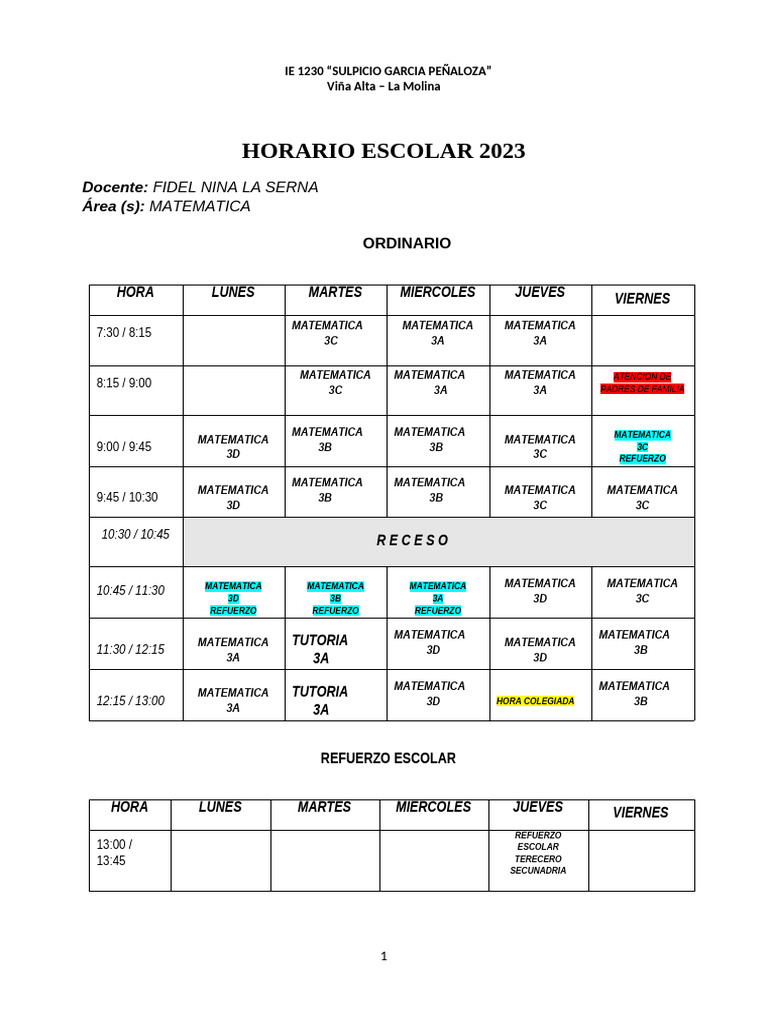Horario de Matemáticas 2023 - IE 1230 | PDF