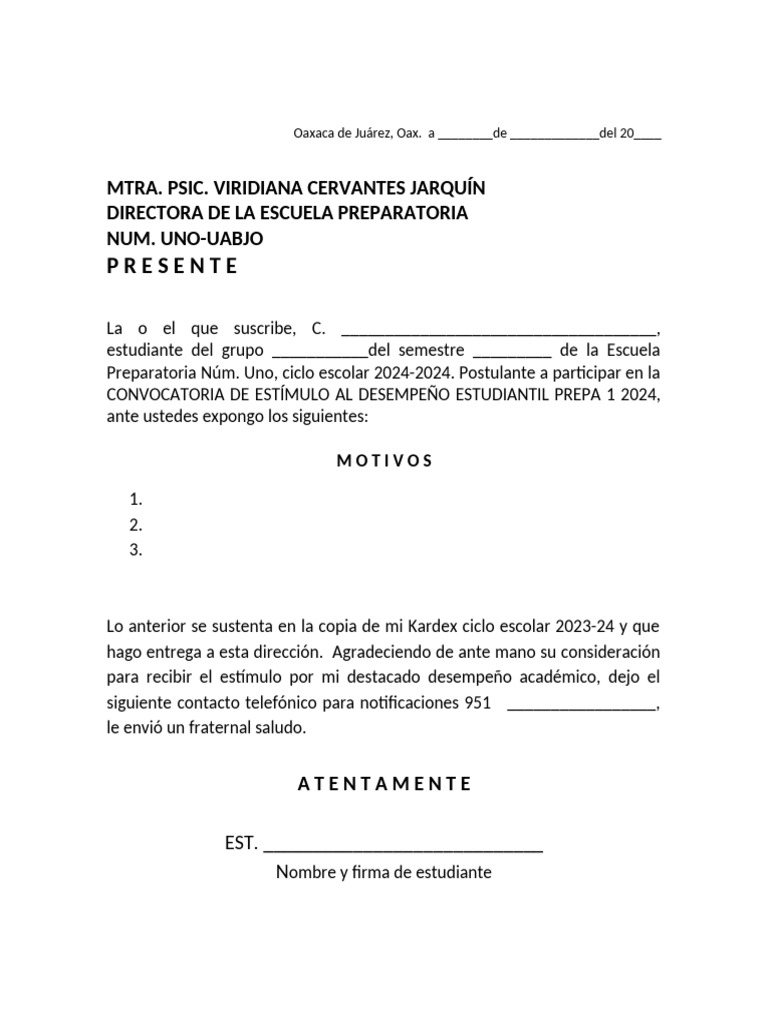 Carta de Motivos Prepa 1 Estimulo Al Estudiante 2024 | PDF | Crecimiento personal y profesional ...