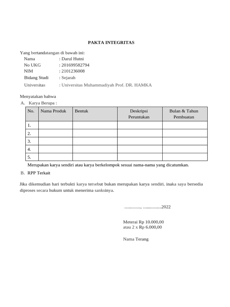 Contoh Pakta Integritas Ukin Ppg 2022 Pdf