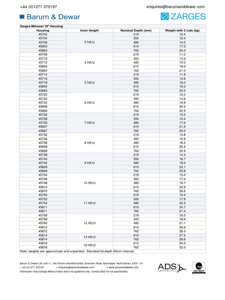 Zarges Racks - Size Chart B D | PDF