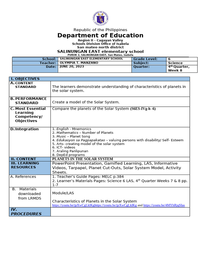 Detailed Lesson Plan in Science 6 SOLAR SYSTEM 1 | PDF