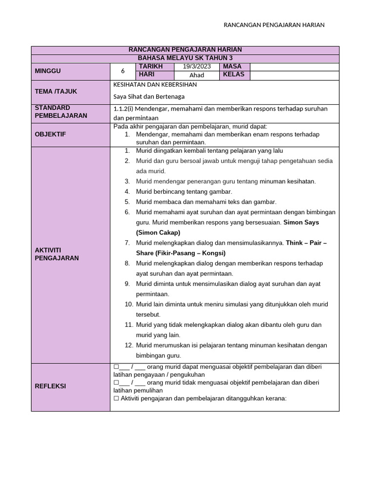 RPH Ringkas Minggu 6 BM SK THN 3 2024 by Cikgu Gorgeous | PDF