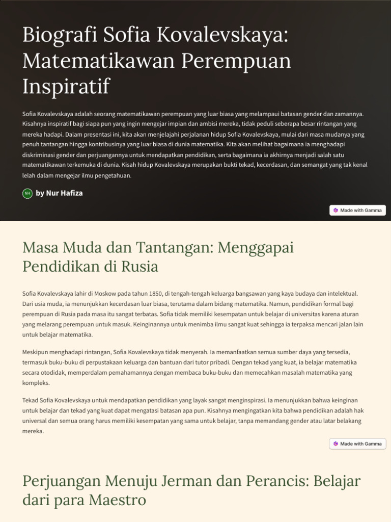 Biografi Sofia Kovalevskaya Matematikawan Perempuan Inspiratif | PDF