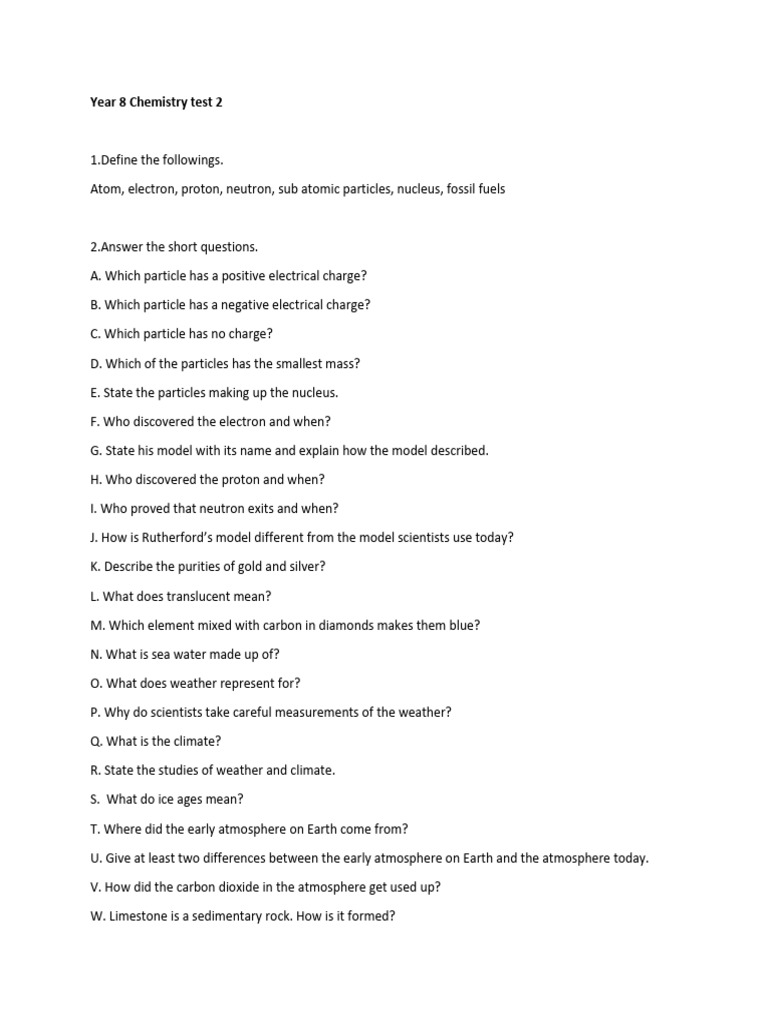 Year 8 Chemistry Test 2 | PDF