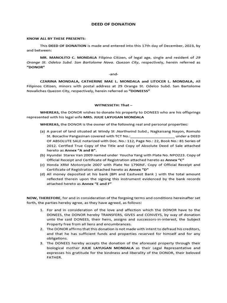 Deed of Donation Mam Julie Final Draft | PDF | Common Law | Civil Law ...