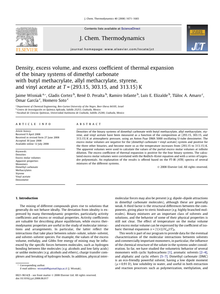 Density Excess Volume and Excess Coeffic | PDF