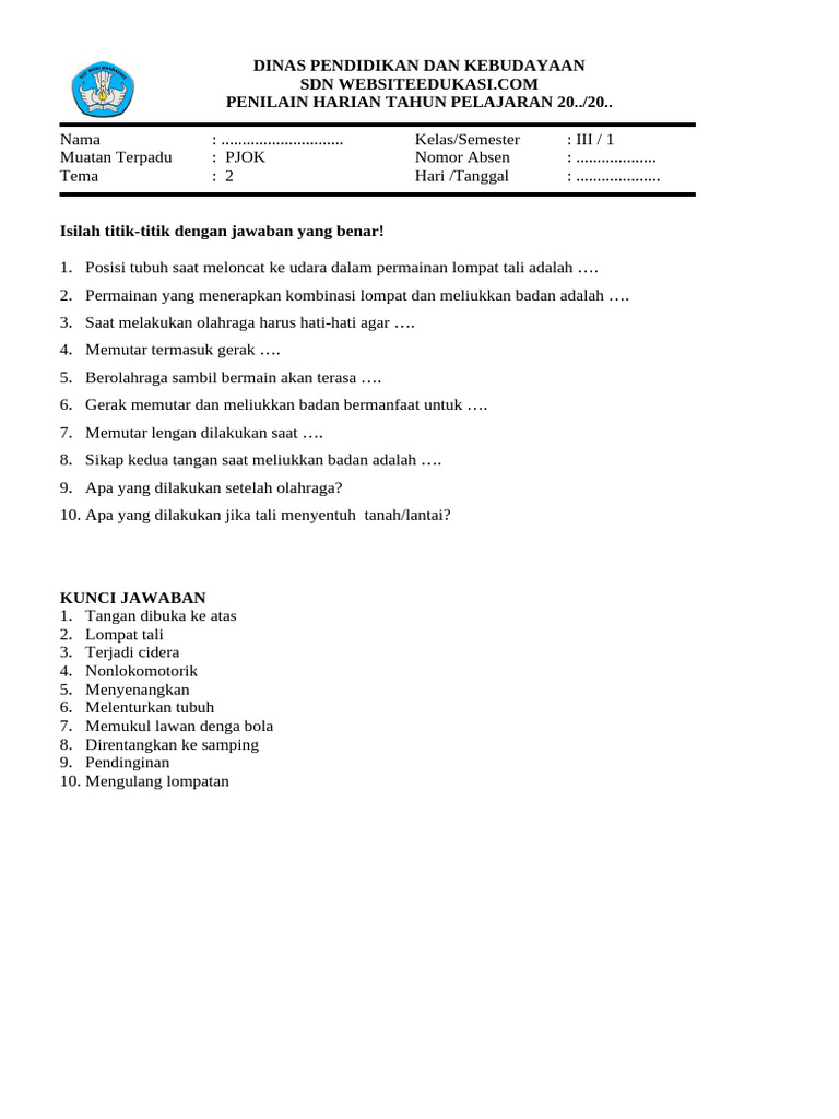 Soal PH PJOK Kelas 3 Tema 2 (Websiteedukasi.com) | PDF