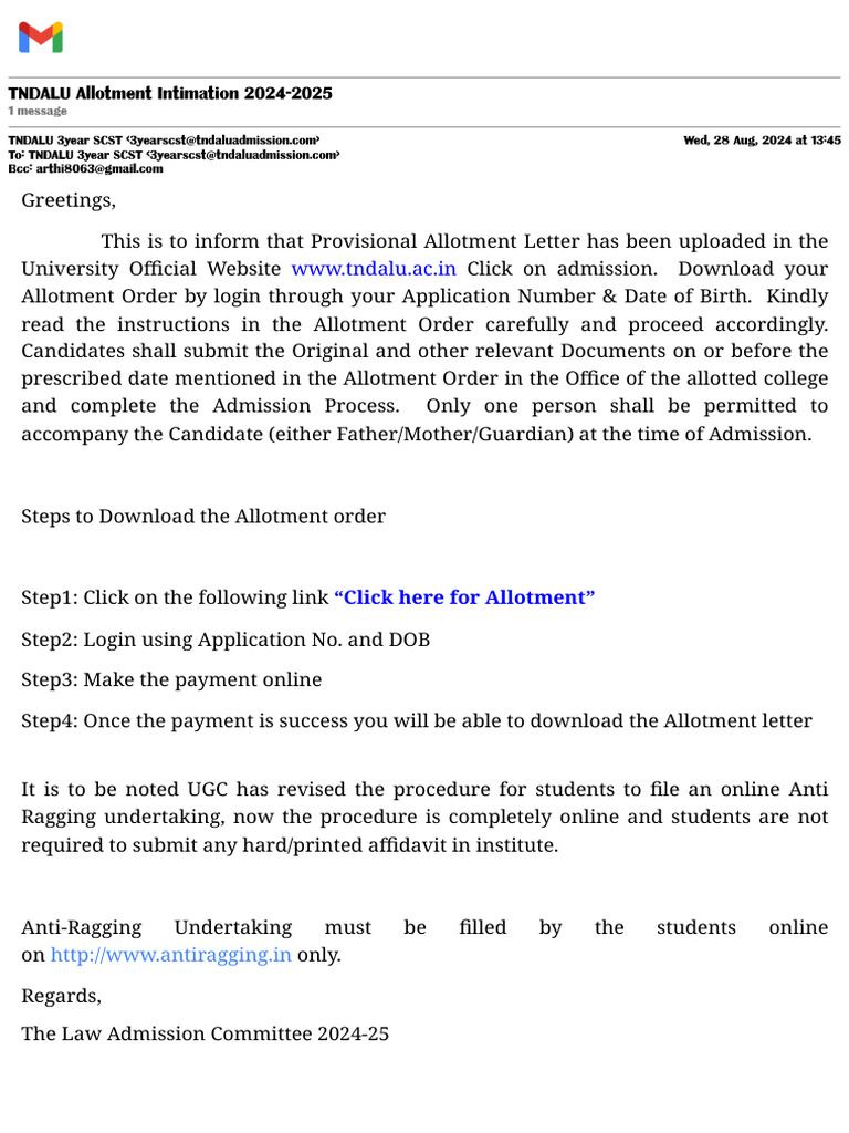 Gmail - TNDALU Allotment Intimation 2024-2025 | PDF