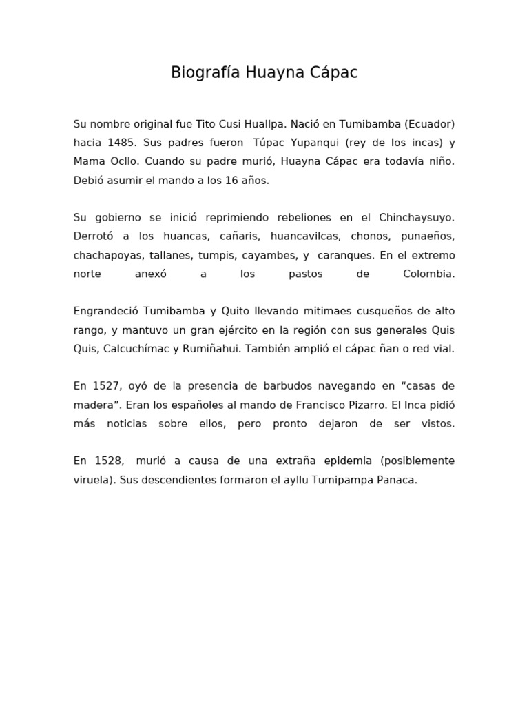 Biografía Huayna Cápac | PDF