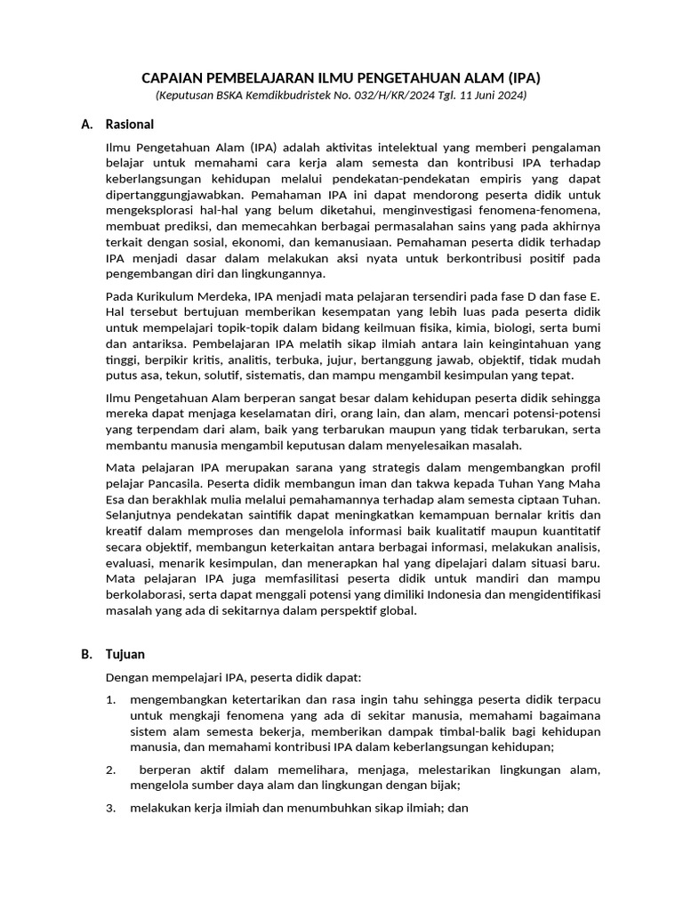 Capaian Pembelajaran IPA - Juni 2024 | PDF
