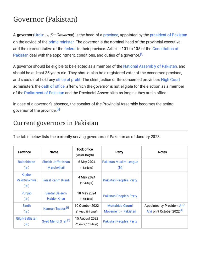 Governor (Pakistan) - Wikipedia | PDF