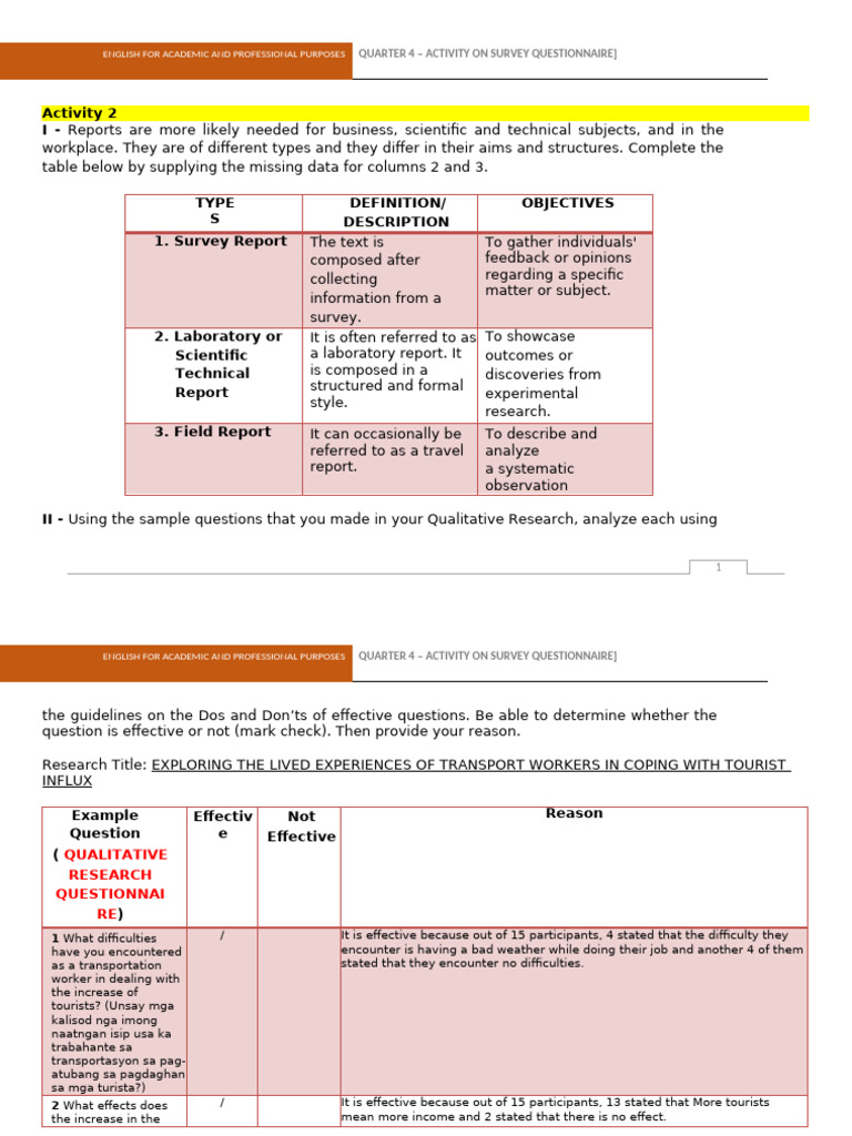 S 20232024 q4 Activity On Survey Questionnaire | PDF
