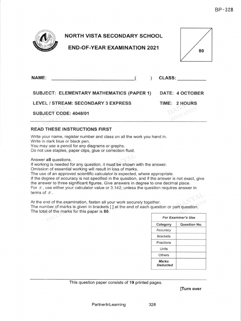 North Vista Secondary Sec 3 E Math EOY 2021 | PDF