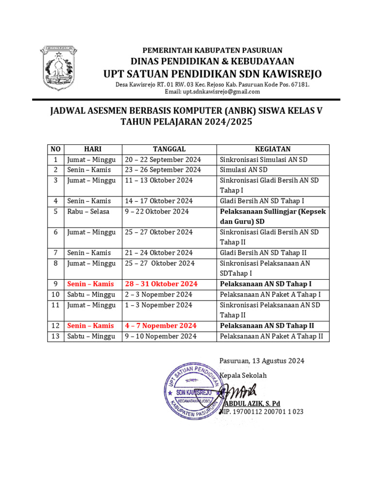 Jadwal Anbk SD Kelas V Tapel 2024-2025 | PDF