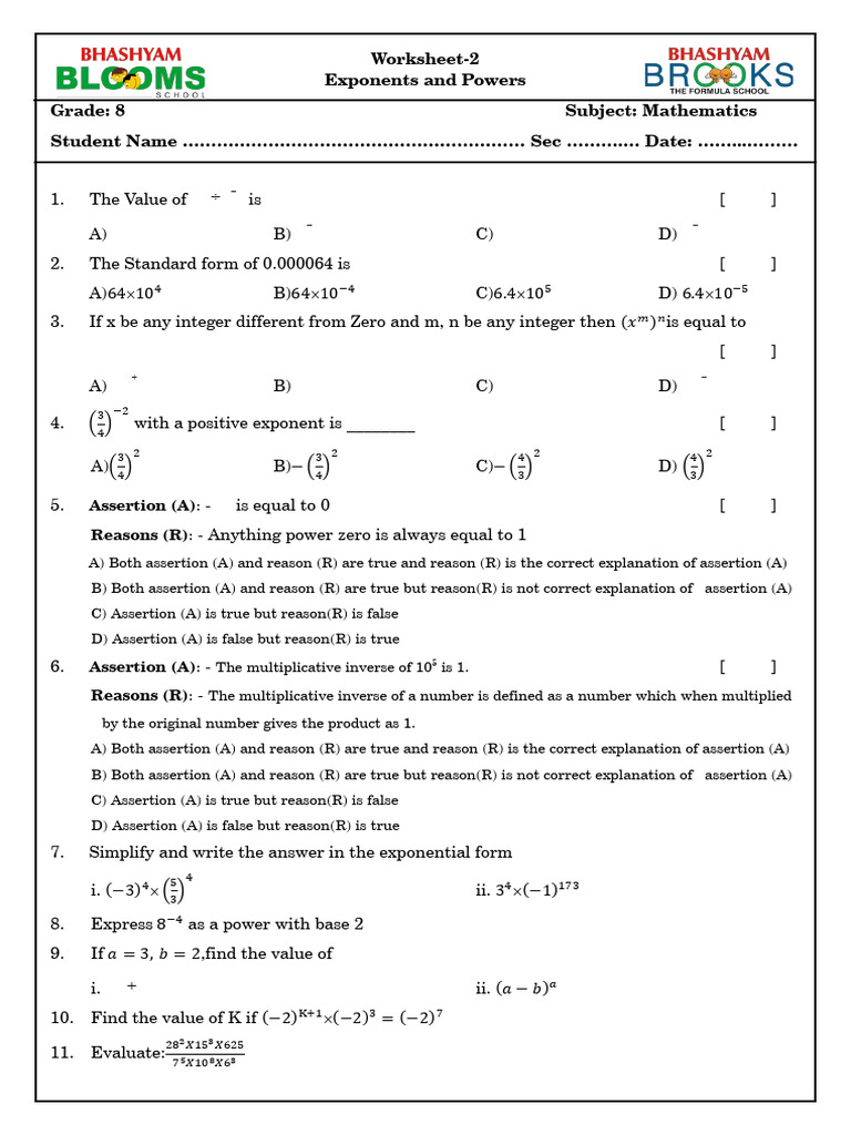 G8_Math_WS-2_Exponents and powers | PDF