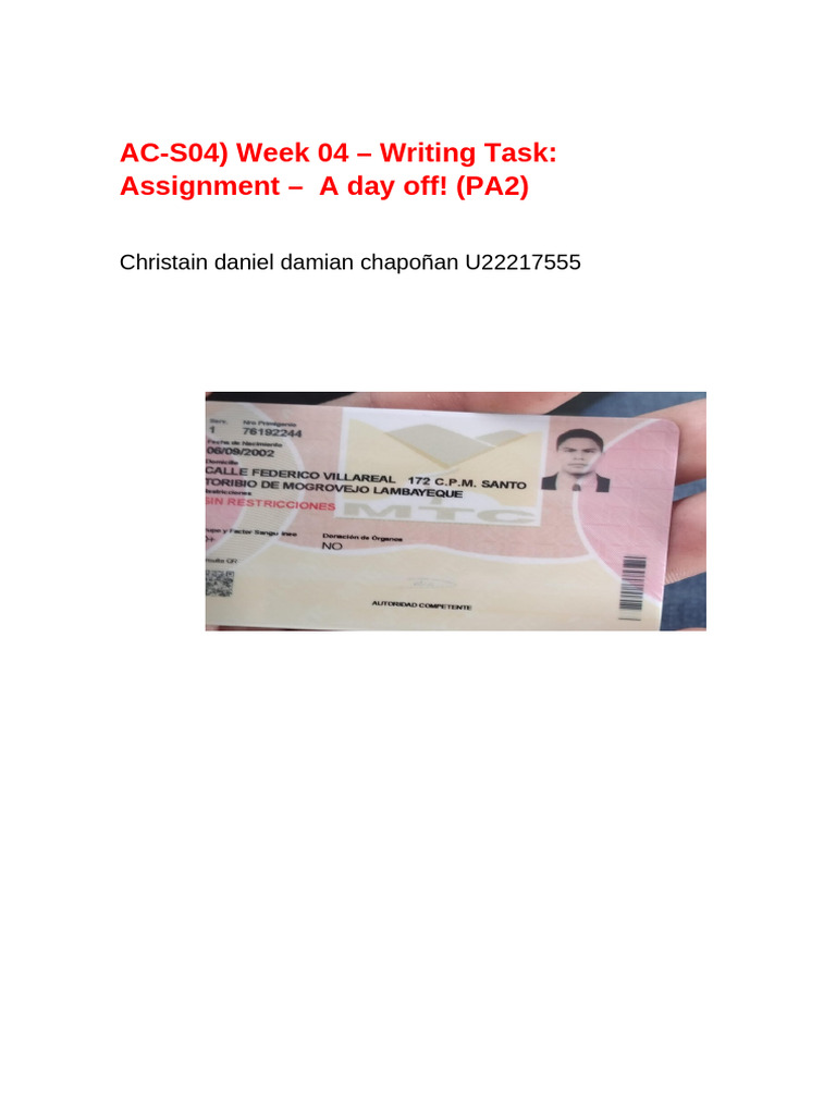 AC-S04) Week 04 - Writing Task: Assignment - A Day Off! (PA2) | PDF