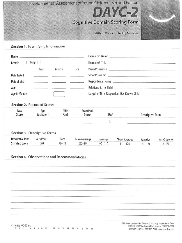 DAYC-2, Cognitive Domain Scoring Form | PDF