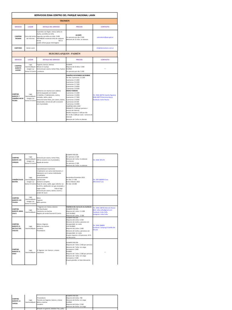 Planilla de Servicios Zona Centro PNL | PDF