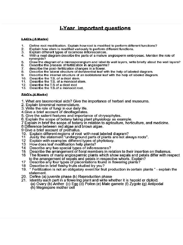 Botany Lesson Wise Imp Questions | PDF