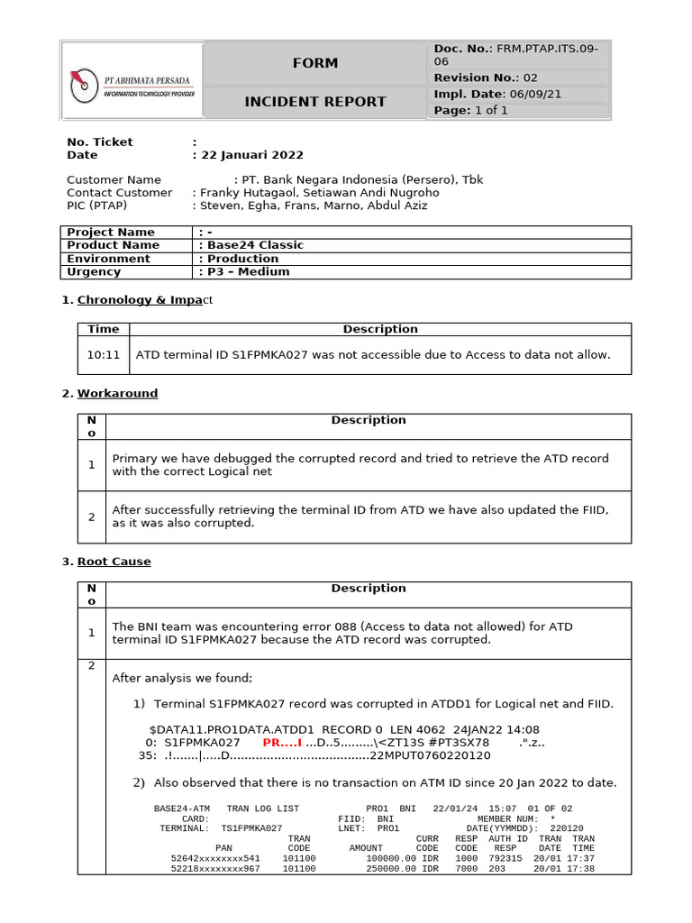(BASE24 BANK BNI) Incident Report ATD Error Access To Data Not Allow ...