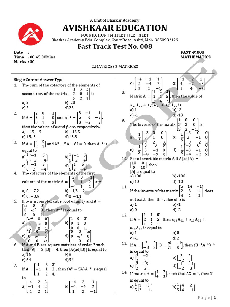 Test Id Fast m008 Mathematics Matrices1 | PDF | Matrix (Mathematics ...
