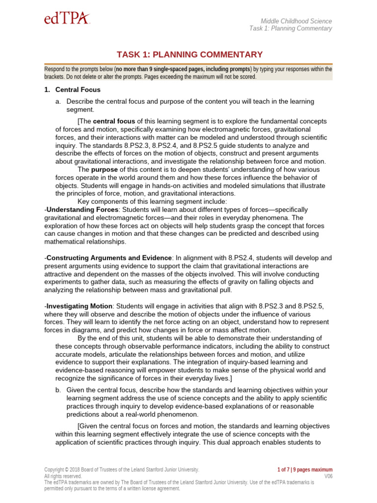 EdTPA MCS Planning Commentary | PDF | Force | Career & Growth